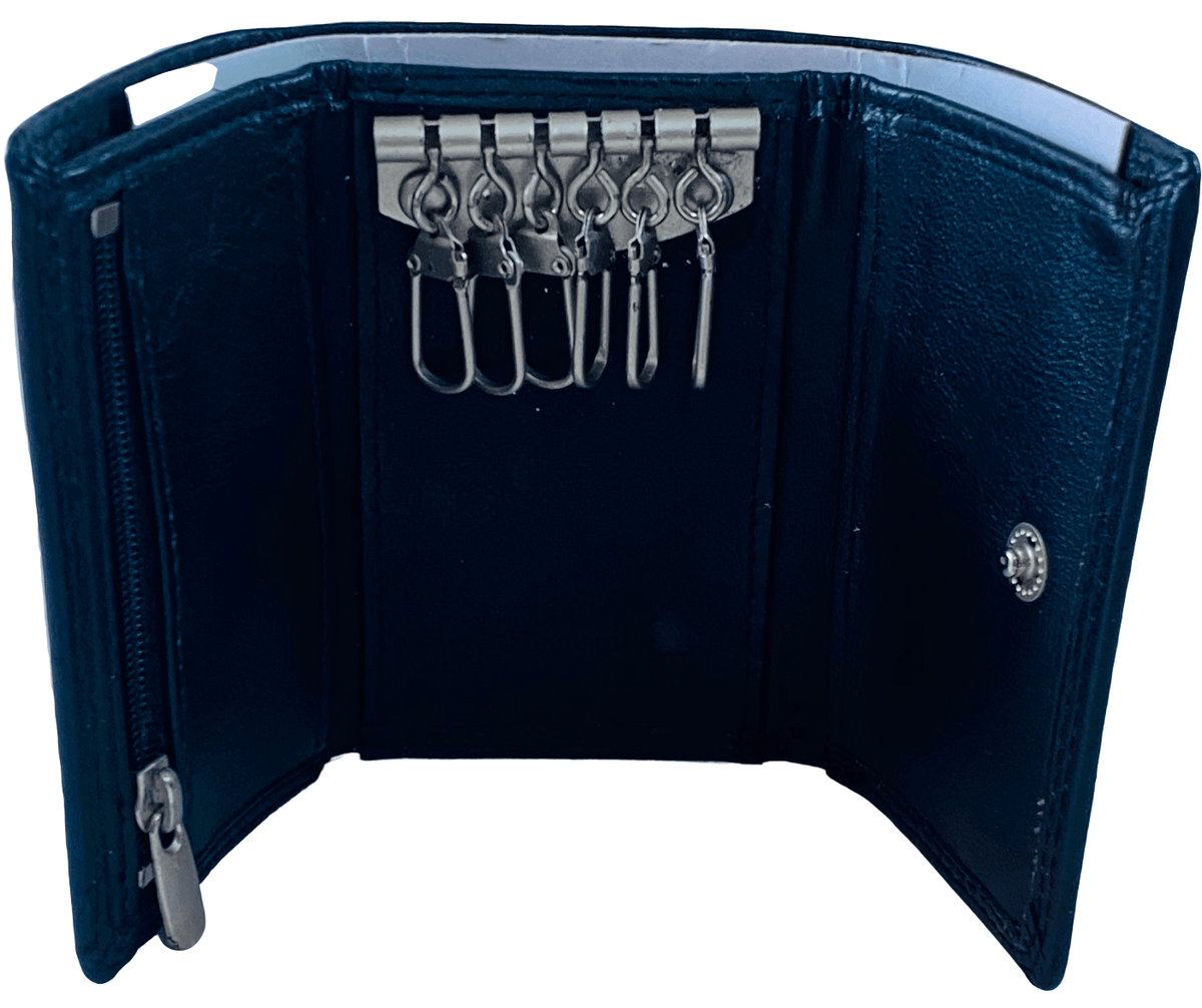 Black Trifold Wallet Featuring Key Holder made with Genuine Leather